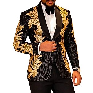 Lovee Tux 2 Pieces Men's Shiny Sequins Gold Applique Suits Prom Tuxedos Grooms Jacket Wedding Party Suits (Blazer+Pants)(34,Black)