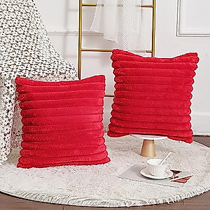 wyooxoo Pack of 2 Double-Side Faux Fur Plush Throw Pillow Covers 18x18 Soft Fluffy Striped Decorative Pillow Covers for Couch Sofa Bed Living Room (18"x18", Red)