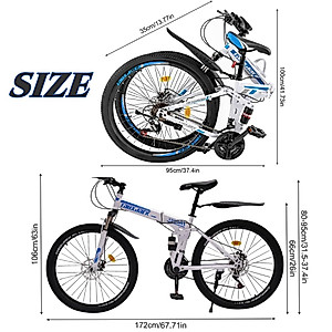 LENJKYYO 26in Folding Mountain Bike, 21-Speed High Carbon Steel MTB, Full-Suspension Outdoor Bicycle for Adult, 2-Disc Brake Outroad Bike w/Folding Clip & Lockable Fork