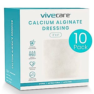 ViveCare Calcium Alginate Wound Dressing (10 Pack) - Individually Wrapped, Sterile Gauze Pads - Absorbent Sterile Patches for Ulcer, Bed Sore, G Tube, & Diabetic Foot - Non-Stick Burn Treatment