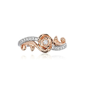 Jewelili Enchanted Disney Fine Jewelry 10k White and Rose Gold 1/5 Cttw Diamond Belle Rose Ring Size 8