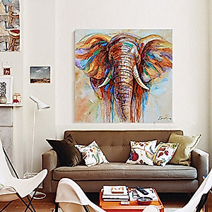 Pinetree Art Vibrant Wall Art Elephant Artwork Unique Elephant Painting on Canvas for Living Room (24 x 24 inch, B)