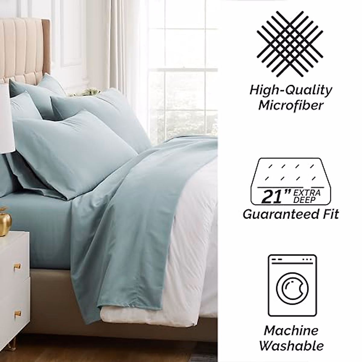 Southshore Fine Living, Inc. 6-Piece Deep Queen Sheets Premium Bedding, 21-Inch Queen Deep Pocket Sheet Set, Microfiber Bedding, Deep Pocket Fitted Sheet, Blue Pillow Cases, Sky Blue Sheets