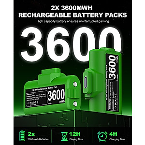 EXTREMECOOL Rechargeable Xbox Controller Battery Pack for Xbox Series X|S/One S|X/One Elite Controllers, Xbox Play and Charge Kit Incl. 2x3600mWh X-1 Batteries, 4X Battery Covers, Xbox 360 Skins
