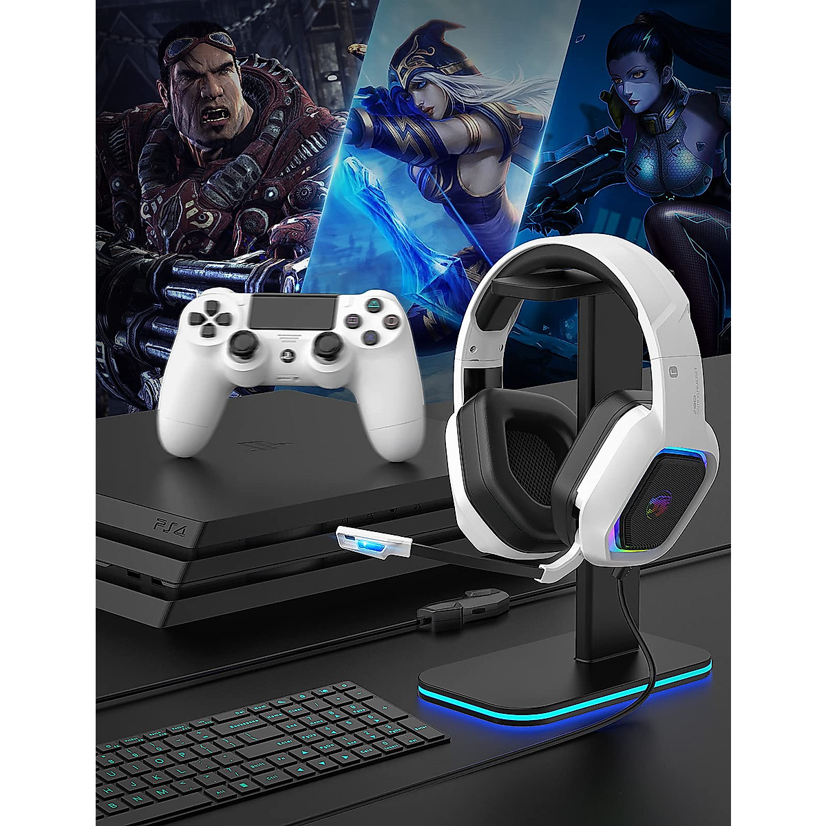 ZIUMIER Z30 White Gaming Headset for PS4, PS5, Xbox One, PC, Wired Over-Ear Headphone with Noise Isolation Microphone, RGB Flowing LED Light, Bass Surround Sound