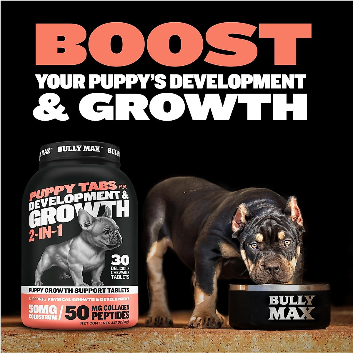 Bully Max 2-in-1 Puppy Vitamins - 30 Chewable Tablets for Development and Growth of Puppies - Dog Vitamin Tablet Supplements for Small Dogs, Large Breed Pups and Growing Dogs - 3 Bottles