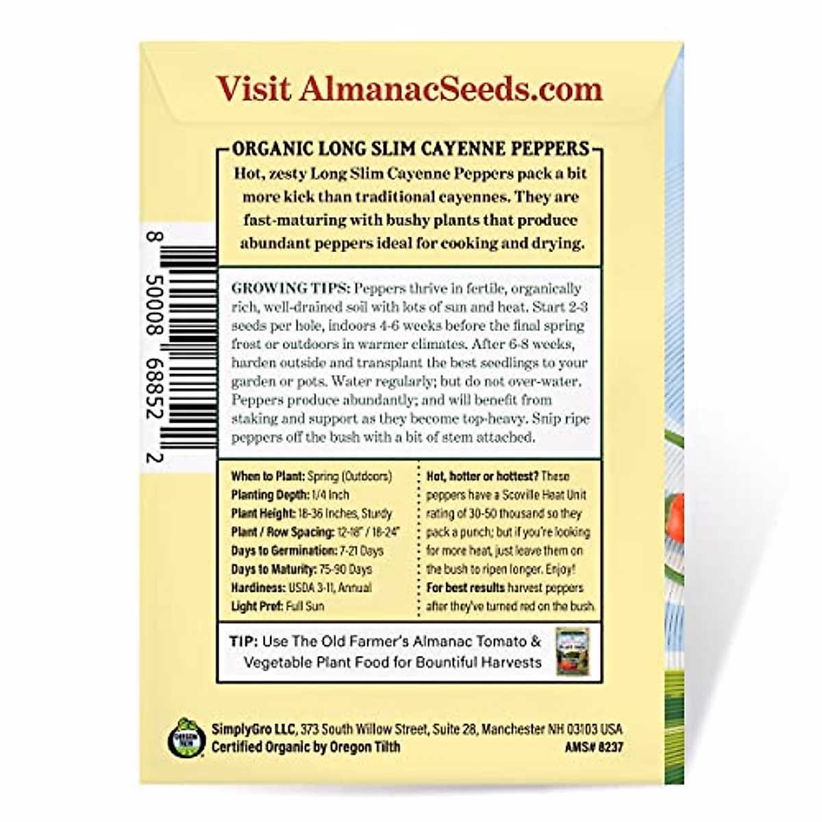 The Old Farmer's Almanac Organic Cayenne Pepper Seeds (Long Slim) - Approx 30 Seeds - Certified Organic, Non-GMO, Open Pollinated, Heirloom