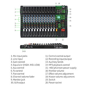XTUGA CT120 12-Channel Professional Audio Mixer for Computer Recording Sound Controller Interface Built-in Digital Effect Studio Mixer with 48V Phantom Power,RCA Input/Output,MP3,Bluetooth,EQ