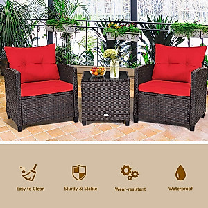LDAILY Patio Furniture Set, 3 Pieces PE Rattan Wicker Patio Sofa Chairs with Washable Cushion & Glass Table, Outdoor Furniture Conversation Sets for Porch, Balcony, Garden, Poolside (Red)