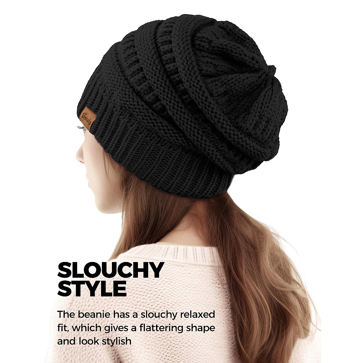 Black Slouchy Beanies for Women Cable Knit Winter Hats Ladies Gifts Oversized Chunky Skull Cap Thick Warm Stocking Caps for Cold Weather Cute Fashionable Spring Fall Beanies Hat Snow Caps Christmas