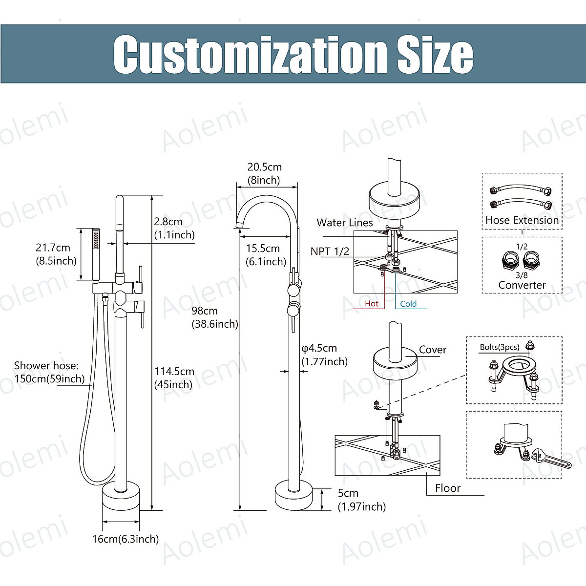 Aolemi Floor Mount Bathtub Faucet Freestanding Tub Filler Standing High Flow Shower Faucets Shower Mixer Taps Swivel Gooseneck Spout with Cylinder Handheld Matte Black