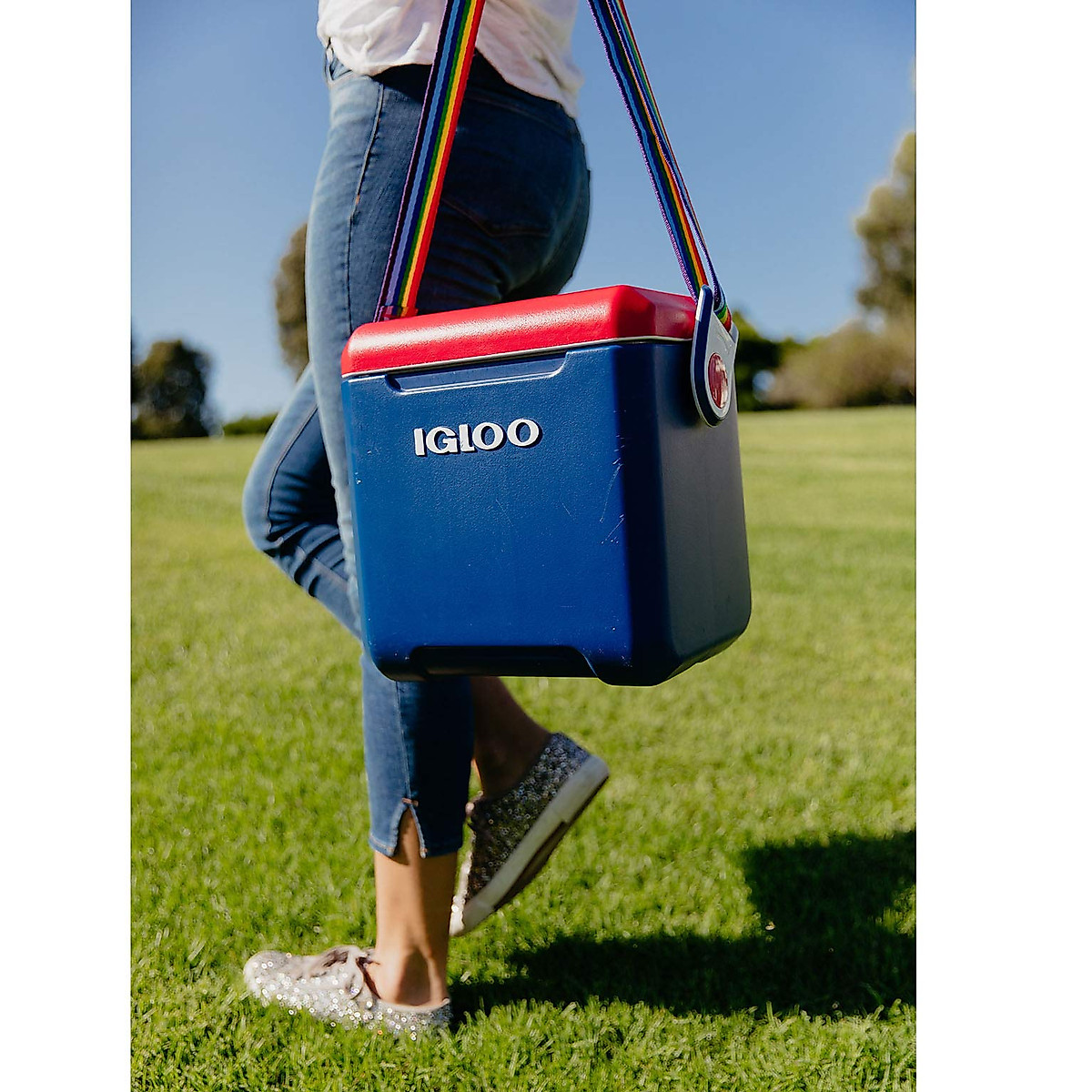 Igloo 11 Quart Tag-Along-Too Tailgating Cooler w/ 2-Day Ice Retention, Navy w/Rainbow Strap, 25 Qt