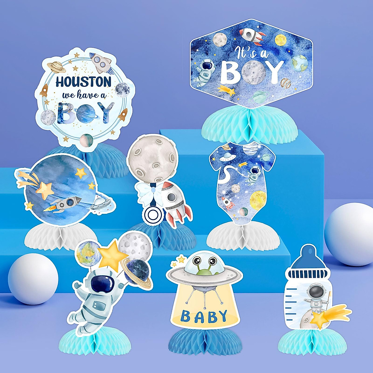 Outer Space Baby Shower Decorations for Boy - 8pcs Space Baby Shower Honeycomb Centerpieces, Planet Astronaut Space Table Toppers for Houston We Have a Boy Baby Shower Party Supplies