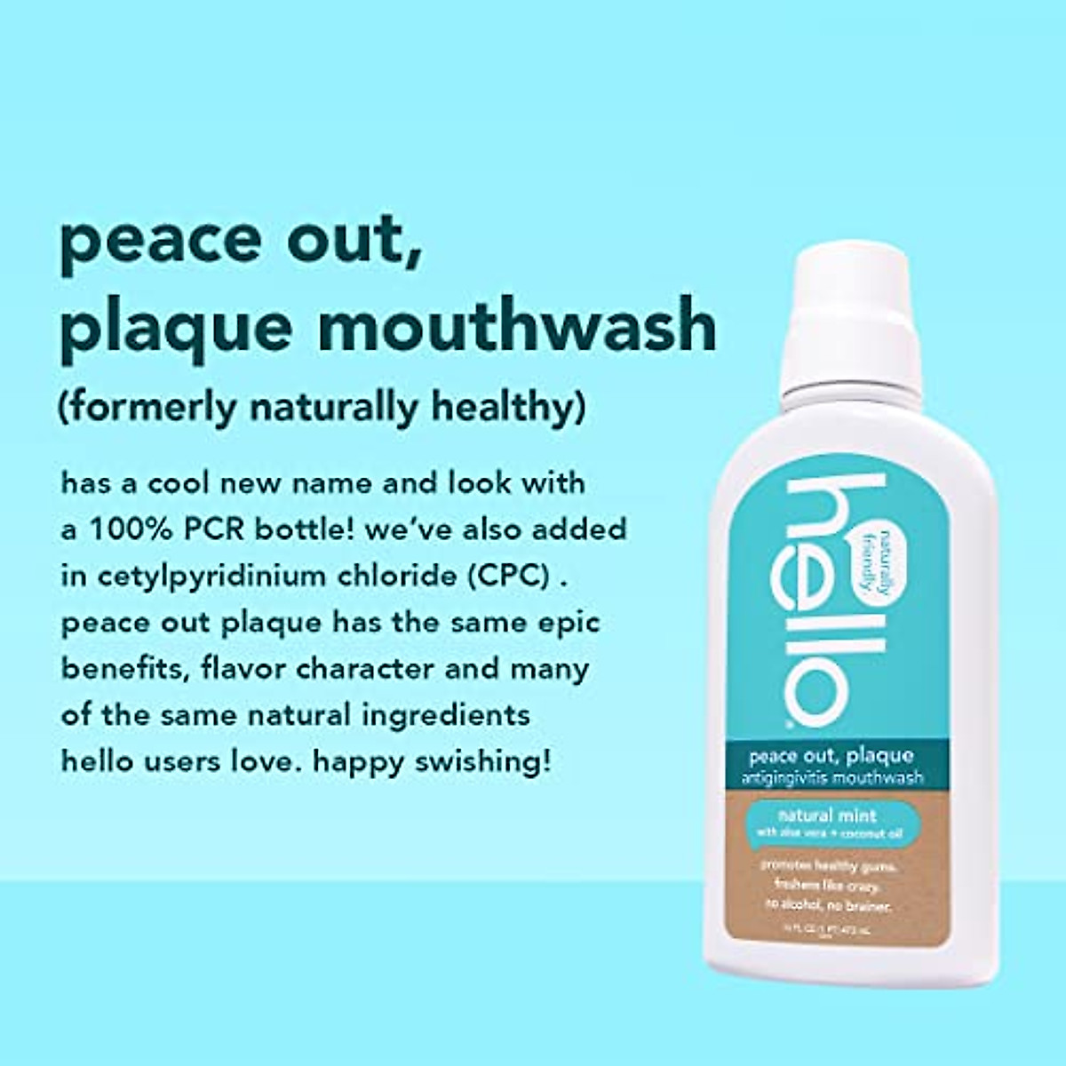 Hello Peace Out Plaque, Antigingivitis Alcohol Free Mouthwash, Natural Mint with Aloe Vera and Coconut Oil, Fluoride Free, Vegan, SLS Free and Gluten Free, 16 Ounce (Pack of 3)