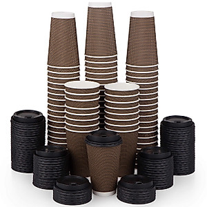 Promora Brown Disposable Coffee Cups With Lids 16 oz, Premium Insulated Paper Ripple Cups for Hot Coffee, Paper Cups 16 oz Coffee Cups 16 oz, Hot Cups With Lids 16 oz, Paper Coffee Cups (80 Pack)