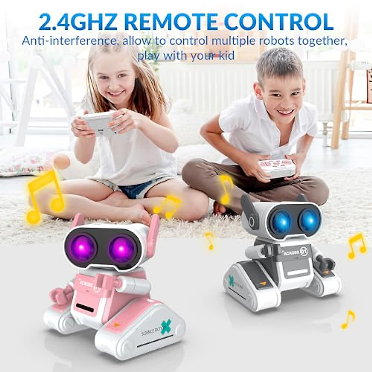 STEMTRON RC Robot Toys for Kids, Rechargeable Remote Control Robot Toy for Boys & Girls, with Auto Demo, Dance Moves, Music, Shining 7 Colors LED Eyes & Flexible Head, Ears & Arms