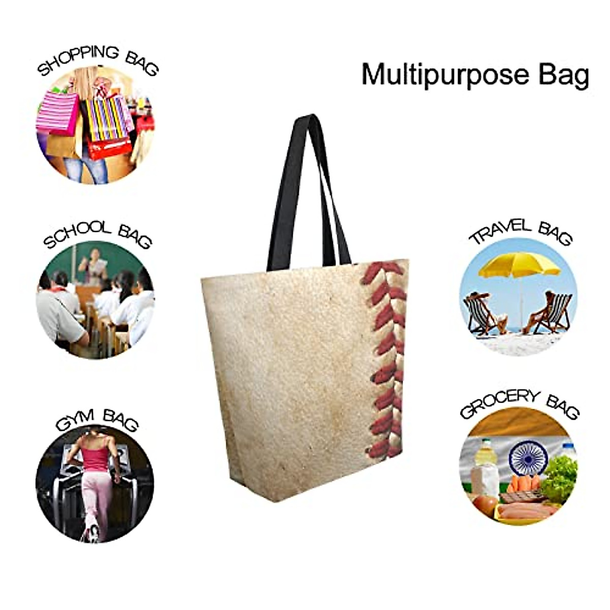 ALAZA Retro Baseball Threads Canvas Tote Bag Large Women Casual Shoulder Bag Handbag,Shopping Grocery Cotton Bag Reusable,Multipurpose,Heavy Duty For Outdoors Weekender Travel