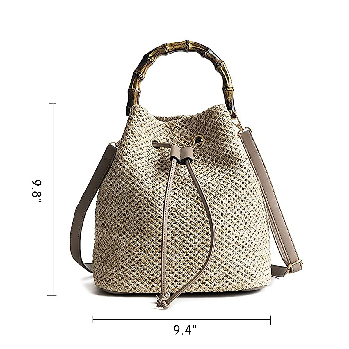 QZUnique Straw Bucket Bags for Women Top Handle Drawstring Woven Handbag Shoulder Bag Summer Beach Purses with Bamboo Handle