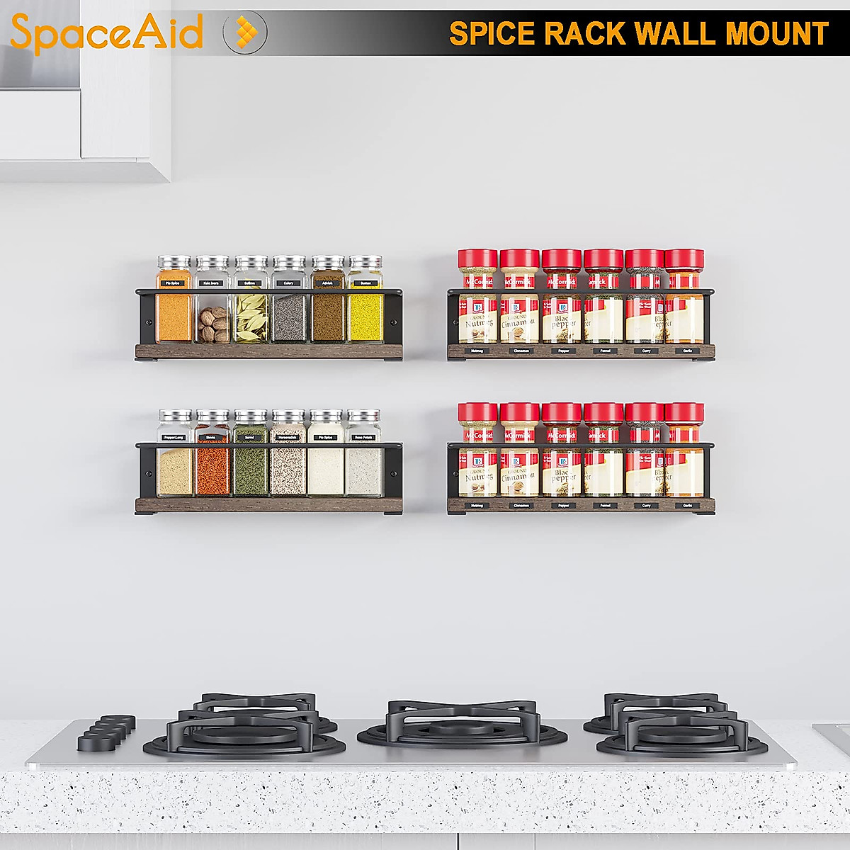 SpaceAid Spice Rack Organizer for Cabinet Door or Wall Mount (4 Pack) with 415 Spice Labels - Wood Hanging Seasoning Shelf for Cupboard Pantry or over the Stove