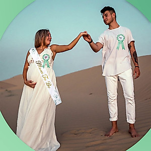 4PCS/Set Mom to Be Sash&Parents to Be Badges, Neutral Sage Green Flowers Crown Headband, Gold Glitter Letters Sash for Baby Shower Maternity Gift(Leaf Style)