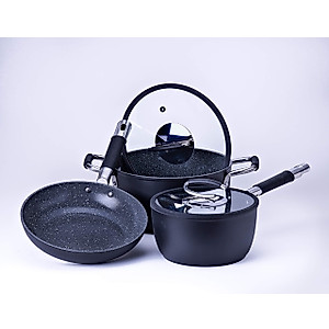 Vesuvio Ceramic Coated Nonstick Cookware, 3-Pack Bundle: Frying Pan, 9.5 Inch | 3 Quart Nonstick Sauce Pan with Oven Safe Glass Lid | 5 Quart Dutch Oven Stock Pot with Oven Safe Glass Lid