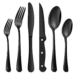 48-Piece Black Silverware Set with Steak Knives, Stainless Steel Flatware Cutlery Set for 8,Stain Finish Tableware Kitchen Utensil Set Includes Spoons Forks Knives, Dishwasher Safe