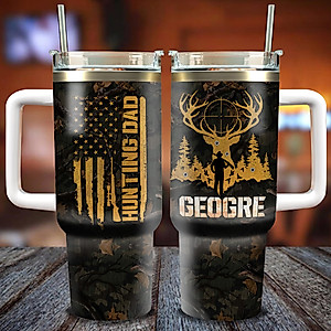 WAZONE Personalized Hunting 40oz Tumbler with Handle and Straw Lid Custom Name Wood Drawing Tumblers Stainless Steel Travel Cup for Father Dad Man Hunter Lover Gift Birthday Christmas Fathers Day