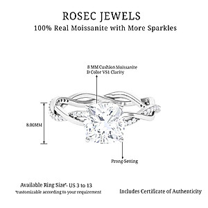 Rosec Jewels Moissanite Solitaire Ring for Women, 8 MM, 3 Cttw, D-VS1 Quality, Braided Promise Engagement Ring, 14K White Gold, Size:US 12.00