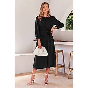 PRETTYGARDEN Women's 2024 Satin Maxi Dress Puff Long Sleeve Crewneck Cutout Casual A-line Long Flowy Dresses (Black,Large)