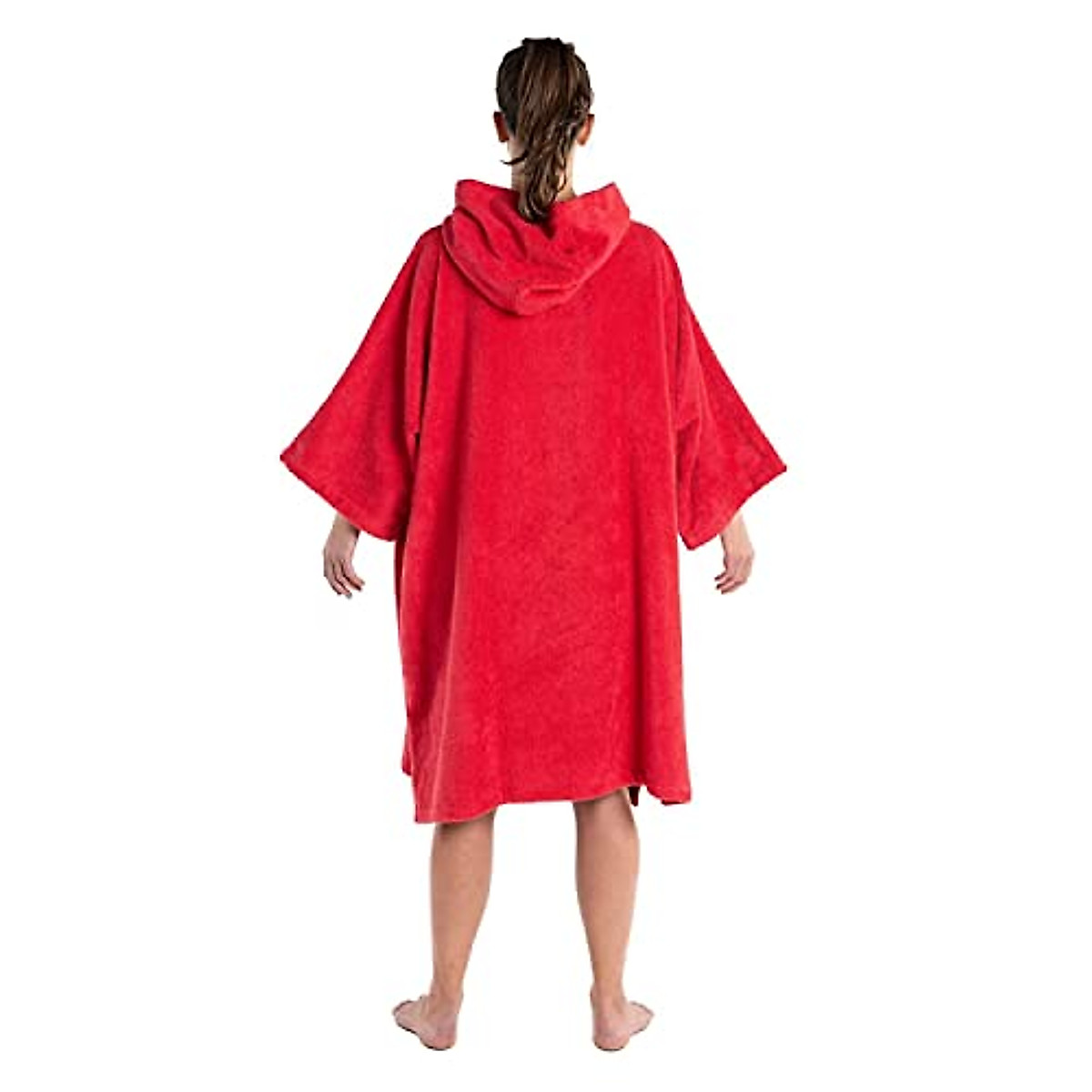 Dryrobe Towel Swim Robe - Hooded Surf Poncho Changing Robe - Organic Cotton - for Swimming, Beach, Surfing - Short Sleeve (Kids 5-9 - Red)
