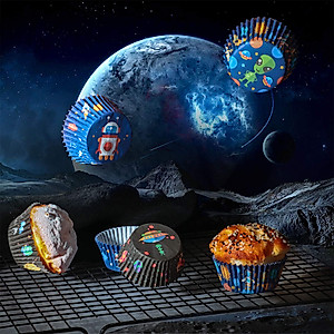 600 Pieces Space Adventure Cupcake Liners Outer Space Planet Rocket Astronaut Baking Cups Cupcake Wrappers Wraps Muffin Case Trays for Outer Space Theme Birthday Party Supplies