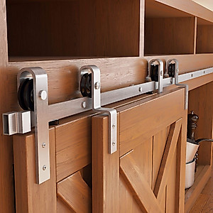 Homacer Mini Brushed Nickel Single Track Bypass Sling Barn Door Hardware Kit, for Two/Double Doors, 66-inch Long Flat Track, Classic Design Roller, Cabinet TV Stand Console Use