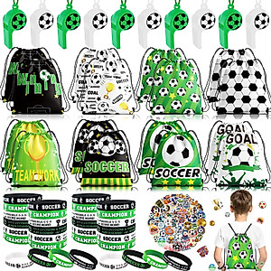Miucat 98Pcs Soccer Party Favors, Soccer Drawstring Bags with Silicone Bracelet Soccer Whistles Stickers Soccer Goodie Bags for Soccer Party Decorations Supplies