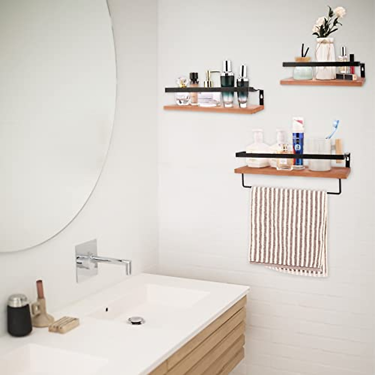 WONFUY Floating Shelves Set of 3, Wall-Mounted Display Storage Ledge Rack Wall Shelf, Rustic Wood Decor Wall Mounted Shelves with Metal Frame for Entry Living Room, Bedroom, Kitchen, Office