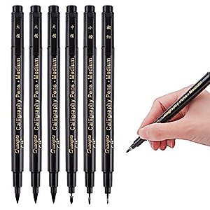 Guangna Calligraphy Pens set for Beginners,Hand Lettering Pen,4 Size Refillable Brush&Fine Tip Black Markers for Kids,Writing, Signature, Watercolor Illustrations, Design and Art Drawing (6Pcs)