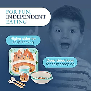 5 Piece Kids Dinnerware Set, Western Cowboys Themed Kids Utensils Set, Bamboo Fiber Plate, Bowl & Cup, Lightweight & Shatterproof Toddler Feeding Set, Children Safe Kitchen Set, Fun Toddler Utensils