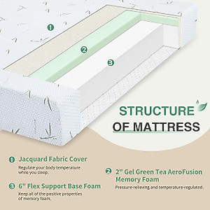 Dyonery 8 Inch Queen Memory Foam Mattress, Cooling Green Tea Gel Mattress in a Box, Rayon Mattress for Breathable Sleep, Made in USA, Certipur-Us Certified, Medium Mattress, 60x80x8”