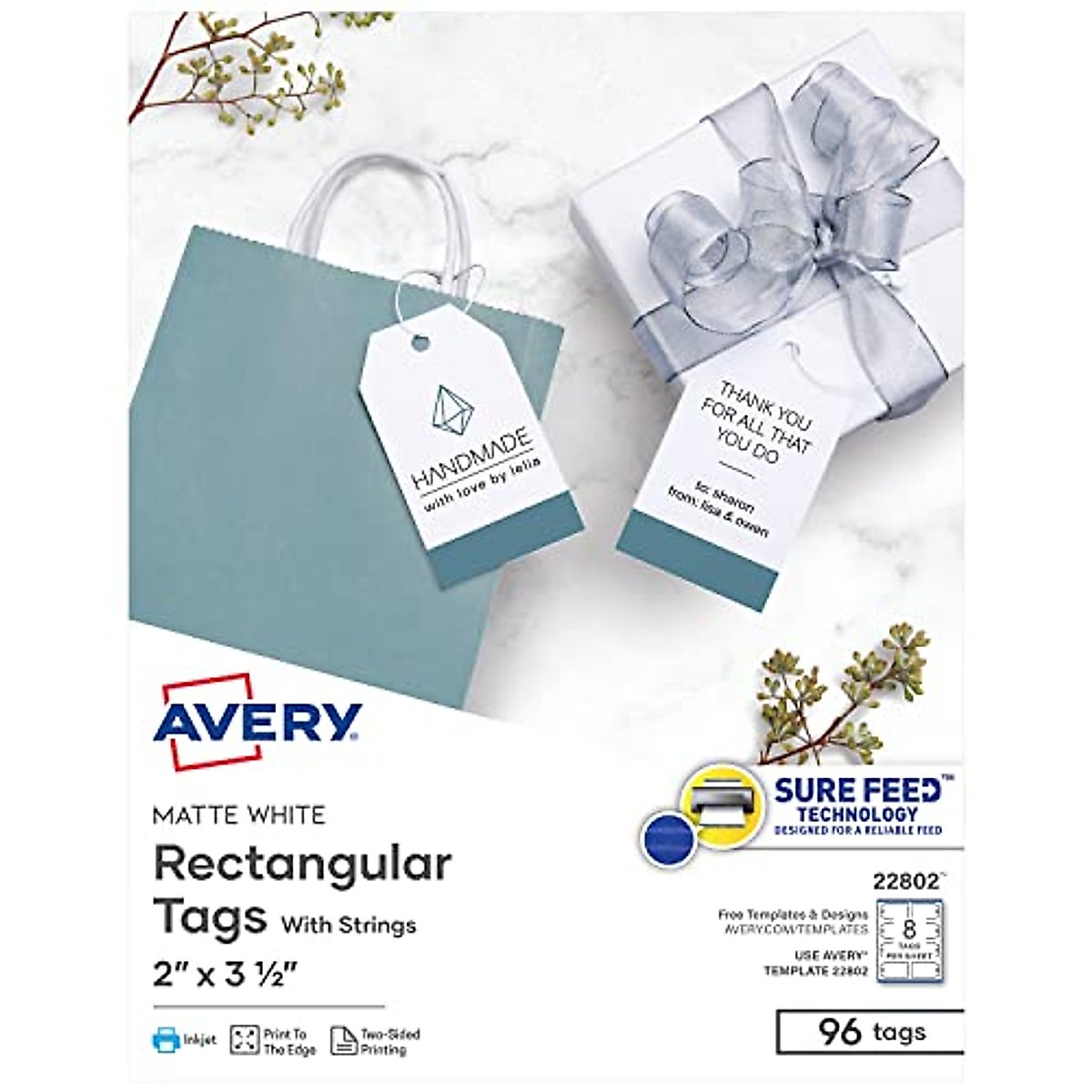 Avery Printable Blank Gift Tags with Sure Feed, 2" x 3.5", White, 96 Customizable Tags with Strings (22802)
