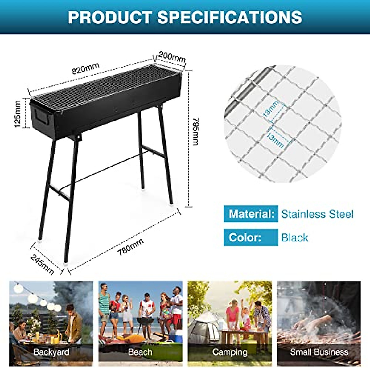 IRONWALLS Portable Charcoal Grill 32 Inch, Black Folding Stainless Steel Barbecue Grill for Outdoor Cooking, Large Lamb Skewer Grill for Patio, Party, Picnic, Travel, Camping, Home & Commercial Use