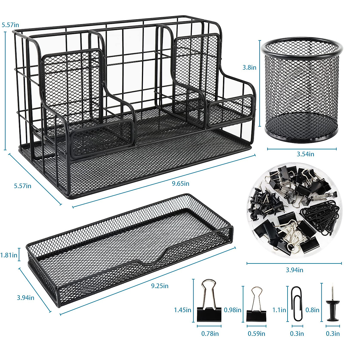Desk Organizers and Accessories, Office Supplies Desk Organizer Caddy with 7 Compartments + Pen Holder / 72 Clips Set, Mesh Desk Organizer with Drawer, Black Desktop Organizer for Home, Office Ect