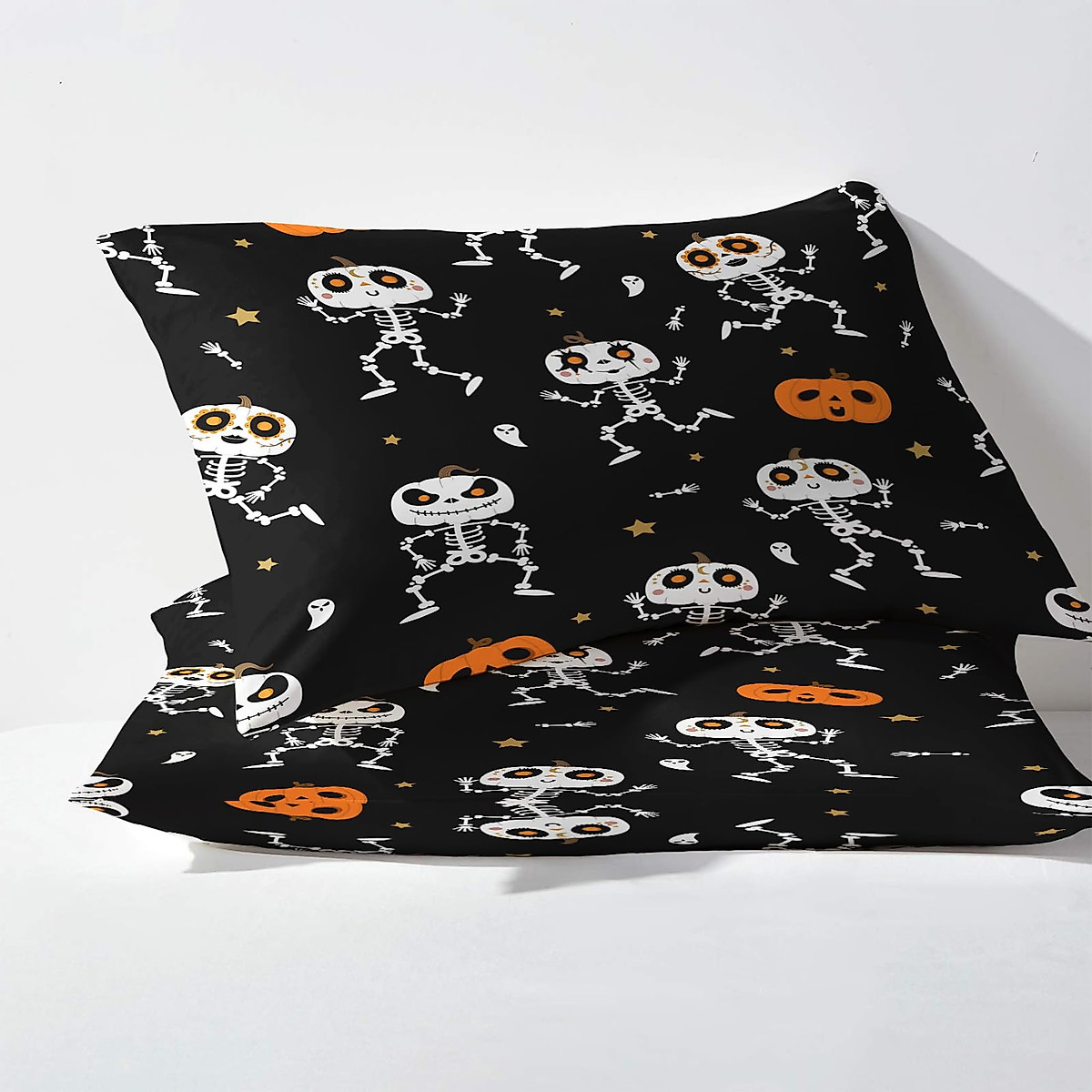 Halloween Sheets Full Size, Pumpkin Skeleton Bed Sheets, Patterned Bedding Sheets & Pillowcases 4 Piece Set - Soft Microfiber Deep Pocket Fitted Sheet & Flat Sheet & 2 Pillow Cases Z1-&-90