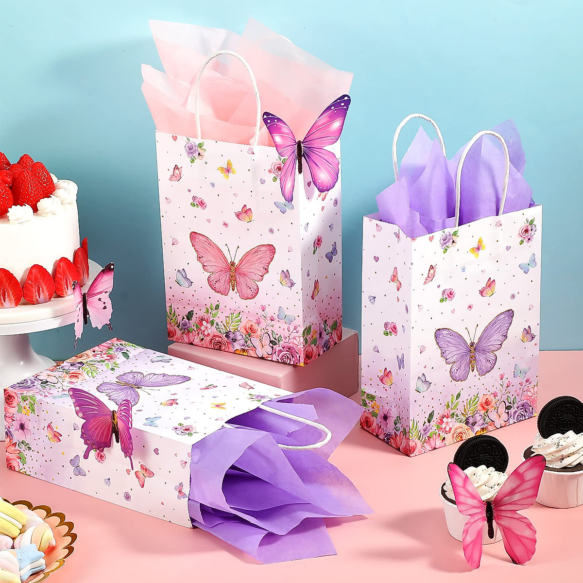 16 Pack Butterfly Goodie Bags, Butterfly Party Favor Bags with Handles and Sydney Paper Pink Purple Birthday Present Bags Butterfly Party Supplies for Kids Birthday Baby Shower Party Decorations