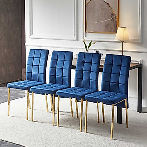 NORDICANA Upholstered Velvet Dining Chairs Classic Kitchen High Back Chairs Set of 4, Featured Dovetail Tufted Side Chairs, Golden Color Metal Legs, Navy Blue