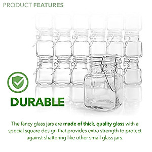 (3 oz) Small Square Glass Jars with Airtight Round Lids, Empty Spice Containers with Labels, Leak Proof Rubber Gasket and Hinged Lid, Chalkboard Label & Marker Included, For Home or Kitchen (12 Pack)