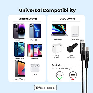 Amaitree USB C to Lightning Cable 4Ft, [Apple MFi Certified] 2-Pack 3A Fast Charging Type-C to Lightning Woven Cable, Car Play Charging Braided Cable for iPhone 14/13/12/11/XS/XR/8 Series - Black