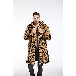 UMREN Mens Warm Yellow Tiger Faux Fur Coats Jacket Long Luxury Overwear Parka Cardigans Yellow Tiger 4X