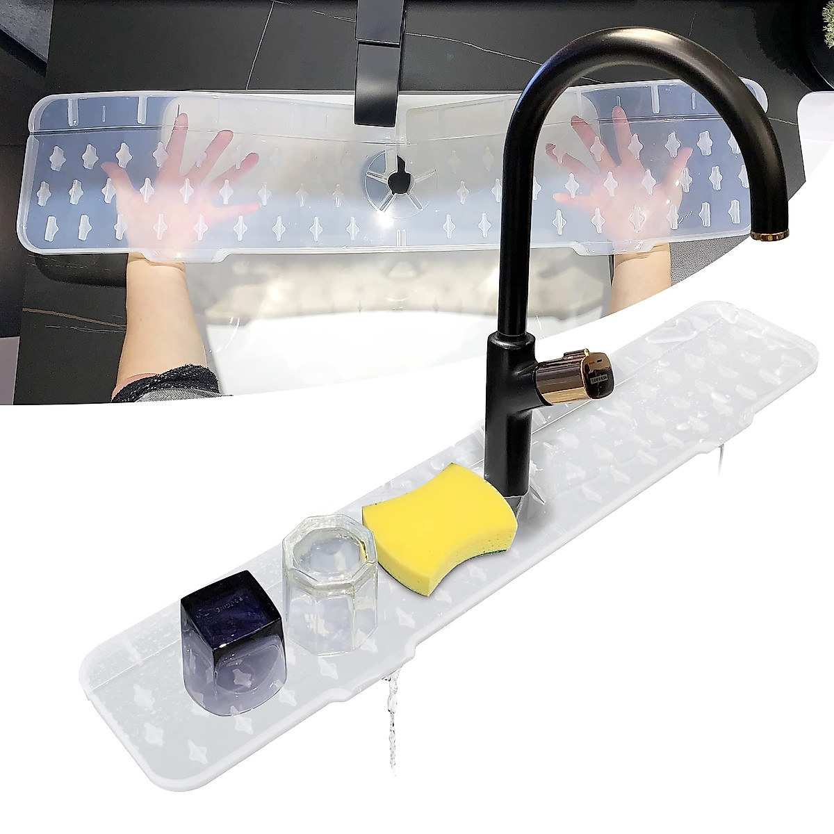 Gosmol Kitchen Faucet Sink Splash Guard Silicone Faucet Mat, XXL 30 inch Faucet Handle Drip Catcher Tray, Deflector Under The Faucet, Self Draining Slopes Design Keep Kitchen Bathroom Drying - Clear