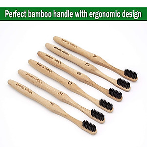 Virgin Forest Bamboo Toothbrush, Biodegradable Bamboo Charcoal Toothbrushes, Natural Eco Friendly Wooden Toothbrush 6-Pack