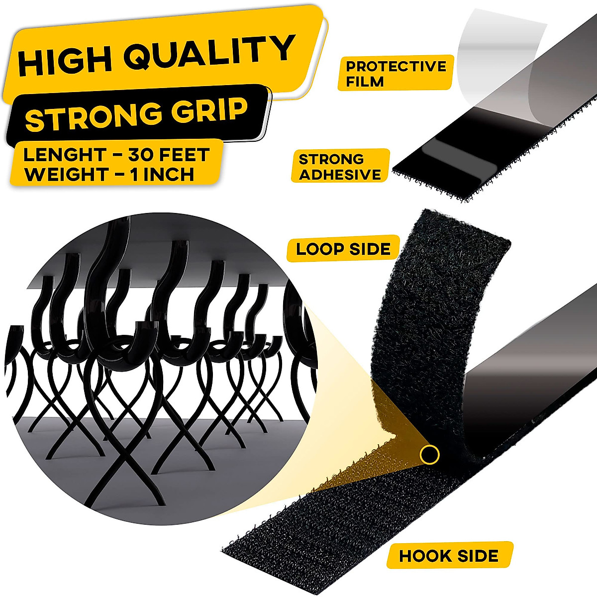 Hook and Loop Tape Roll with Heavy Duty Adhesive Industrial Strength Easy to Cut, Strong Hook and Loop Strips with Sticky Back, Black 1 Inch x 30 Feet