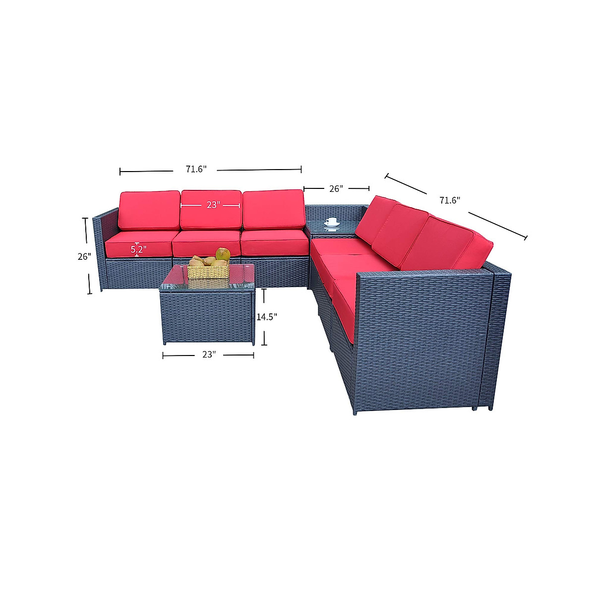 MCombo Outdoor Patio Black Wicker Furniture Sectional Set Resin Rattan Chair Conversation Sofas with Cushion Covers 6085-1008 (Red)